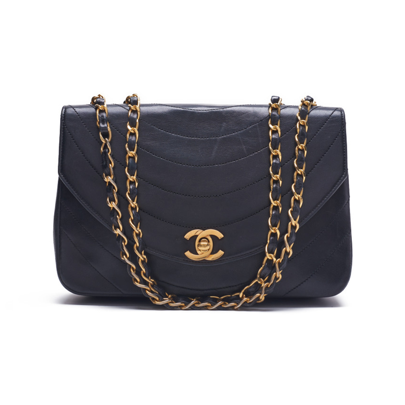 Chanel Border Stitch Round Flap Turn Lock Chain Lambskin Black jUSTBAG ...
